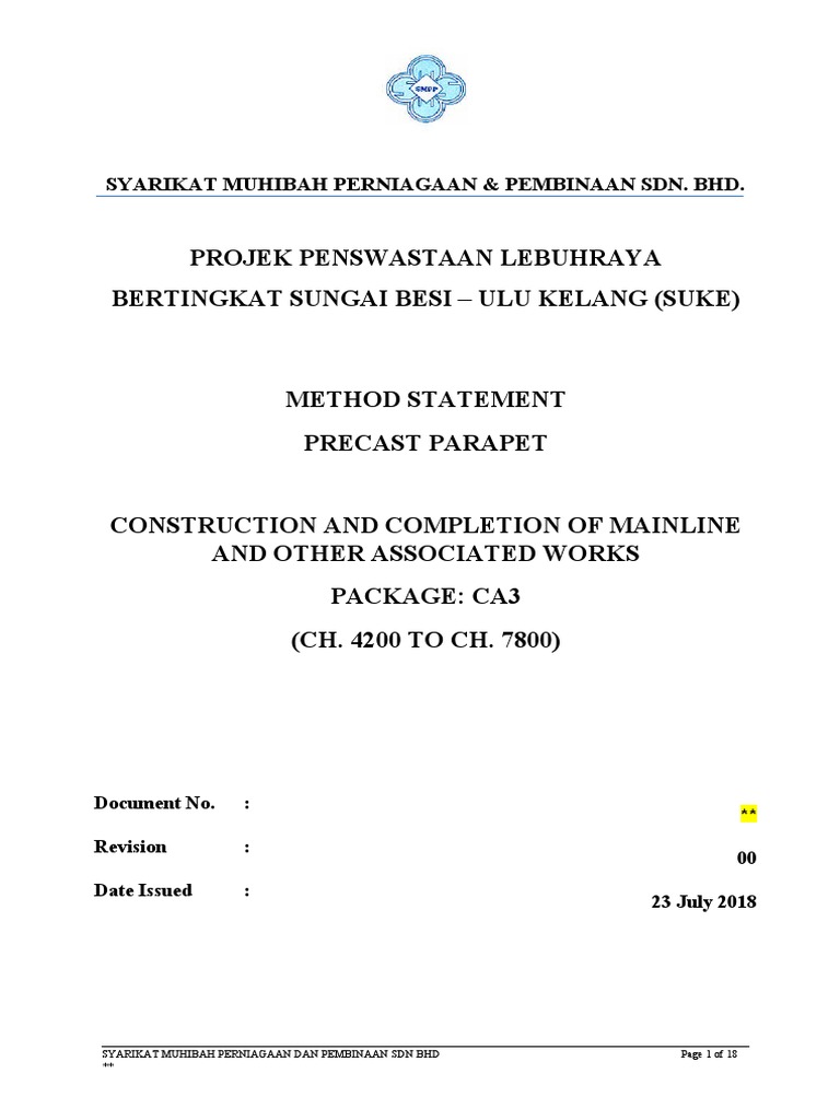 Method Statement for Precast Parapet Construction for Sungai Besi - Ulu ...
