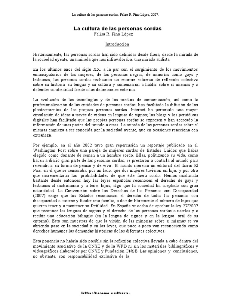 La Cultura de Las Personas Sordas - Felisa Pino Lopez | PDF | Lenguaje de señas | Invalidez