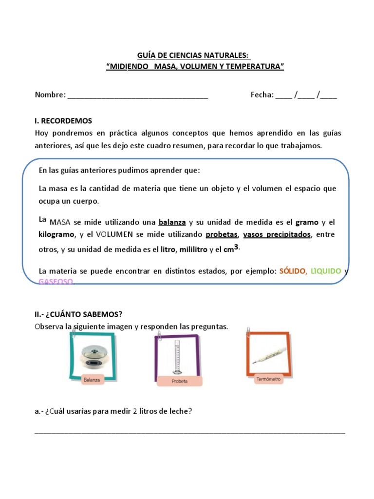 Guía Ciencias 4° Básico | PDF | Volumen | Termómetro