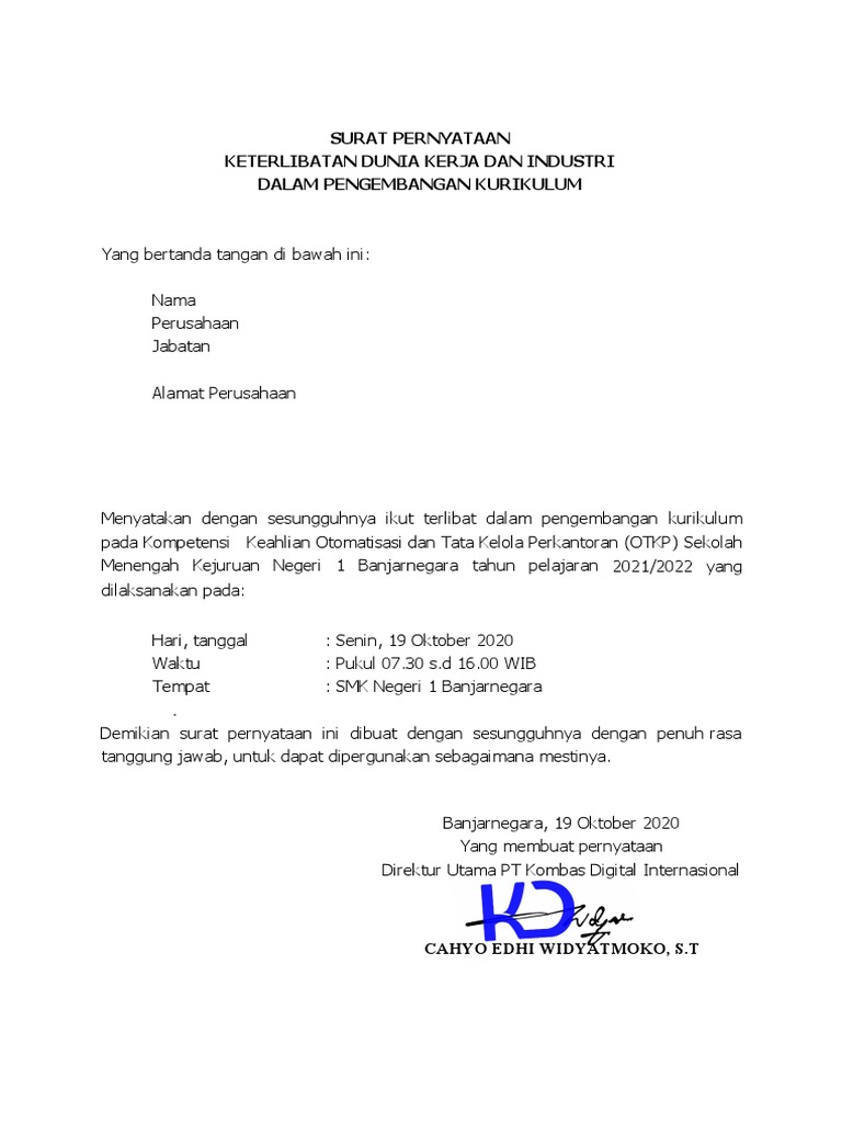 CONTOH Surat Pernyataan Keterlibatan Sinkronisasi Kurikulum | PDF CONTOH Surat Pernyataan Keterlibatan Sinkronisasi Kurikulum | PDF