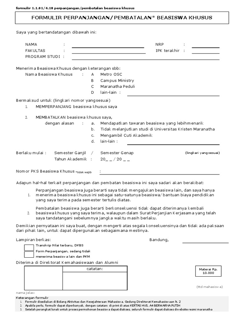 1 - 1 - 01 - FORM - Beasiswa - 4 - 18 - Revisi Form Perpanjangan Atau Pembatalan Beasiswa | PDF