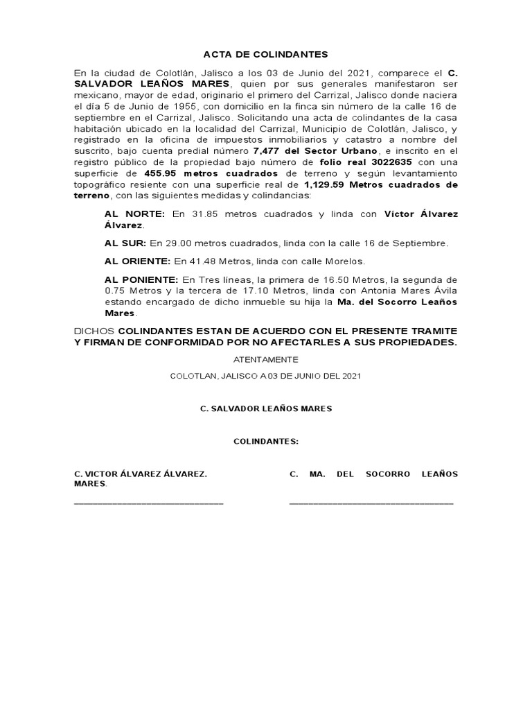 Acta de Colindantes Tio Salvador - Modelo | PDF