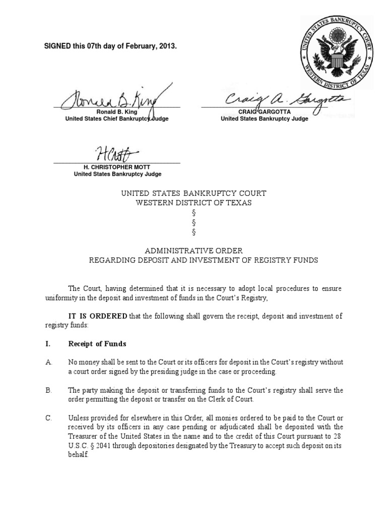 Admin Order Re Registry Funds | PDF | Interest | Law Clerk