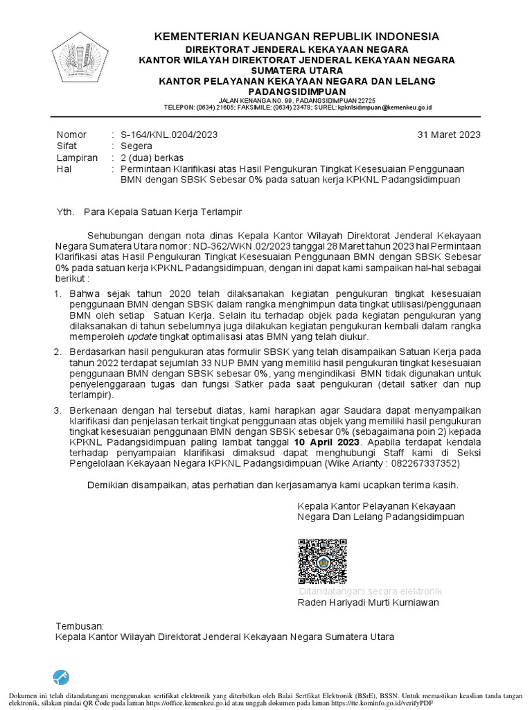 S-164 Prmintaan Klarifikasi SBSK Yang 0% | PDF
