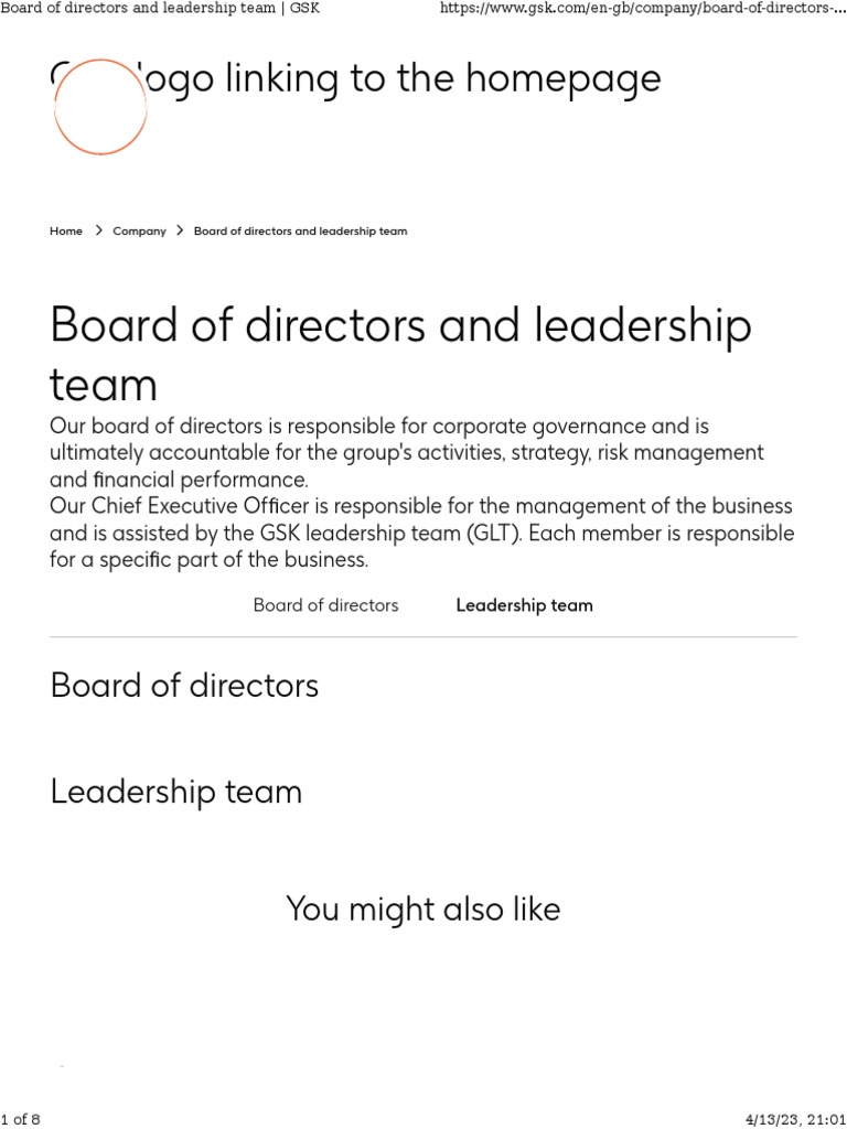 Board of Directors and Leadership Team - GSK | PDF | Board Of Directors | Information Governance
