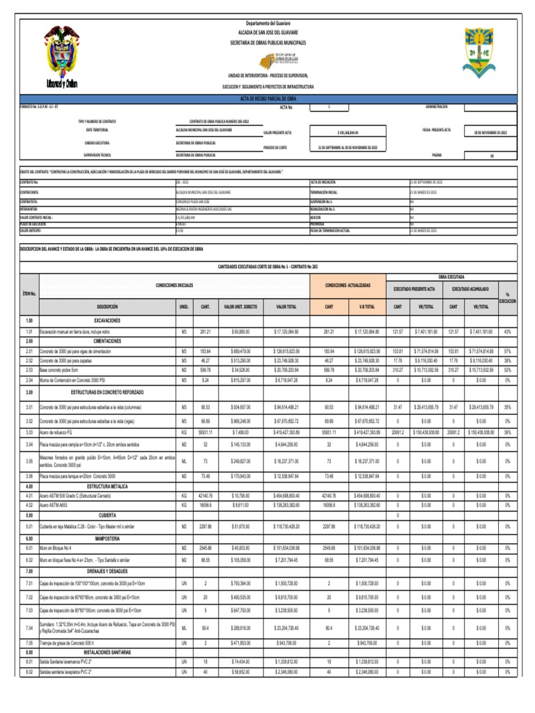 Formato Sopm-Iu-07 Acta de Recibo Parcial de Obra | PDF | Hidráulica | Materiales de construcción
