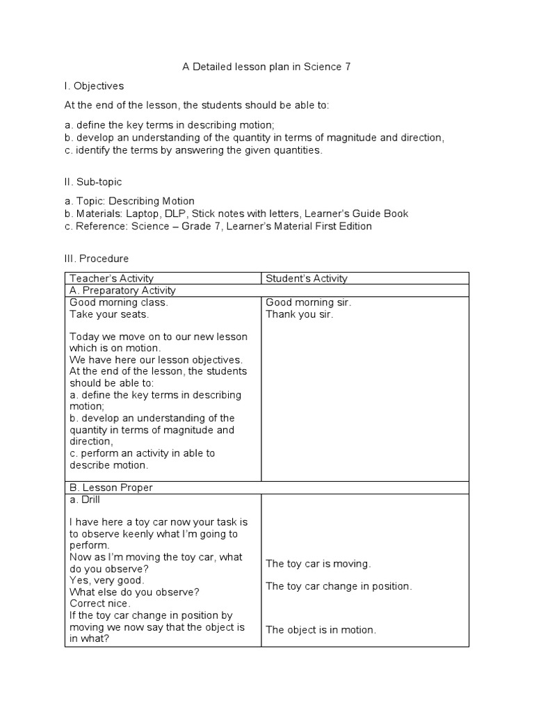 Lesson Plan: Describing Motion in Grade 7 | PDF | Speed | Distance