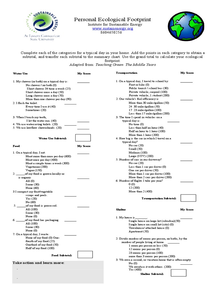 Personal Ecological Footprint Calculator: Assessing Your Daily ...