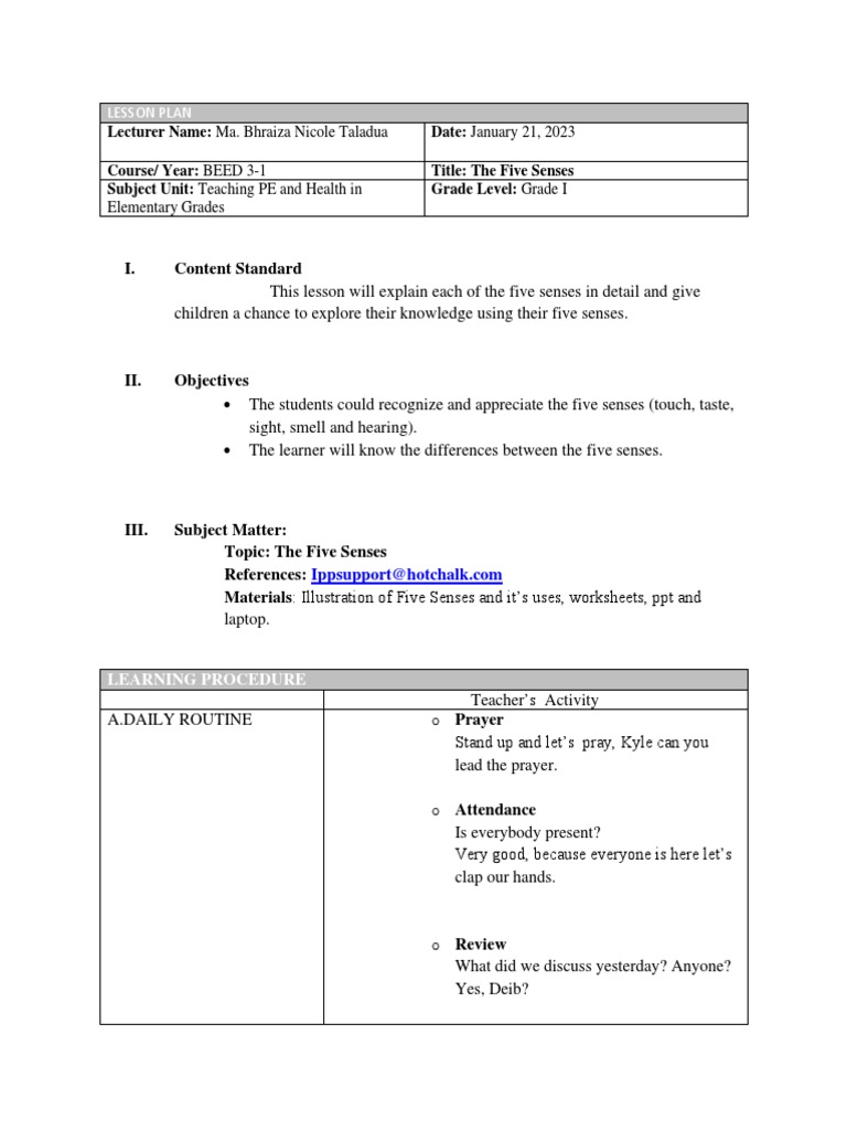 Grade 1 Lesson Plan: The Five Senses | PDF | Senses | Taste