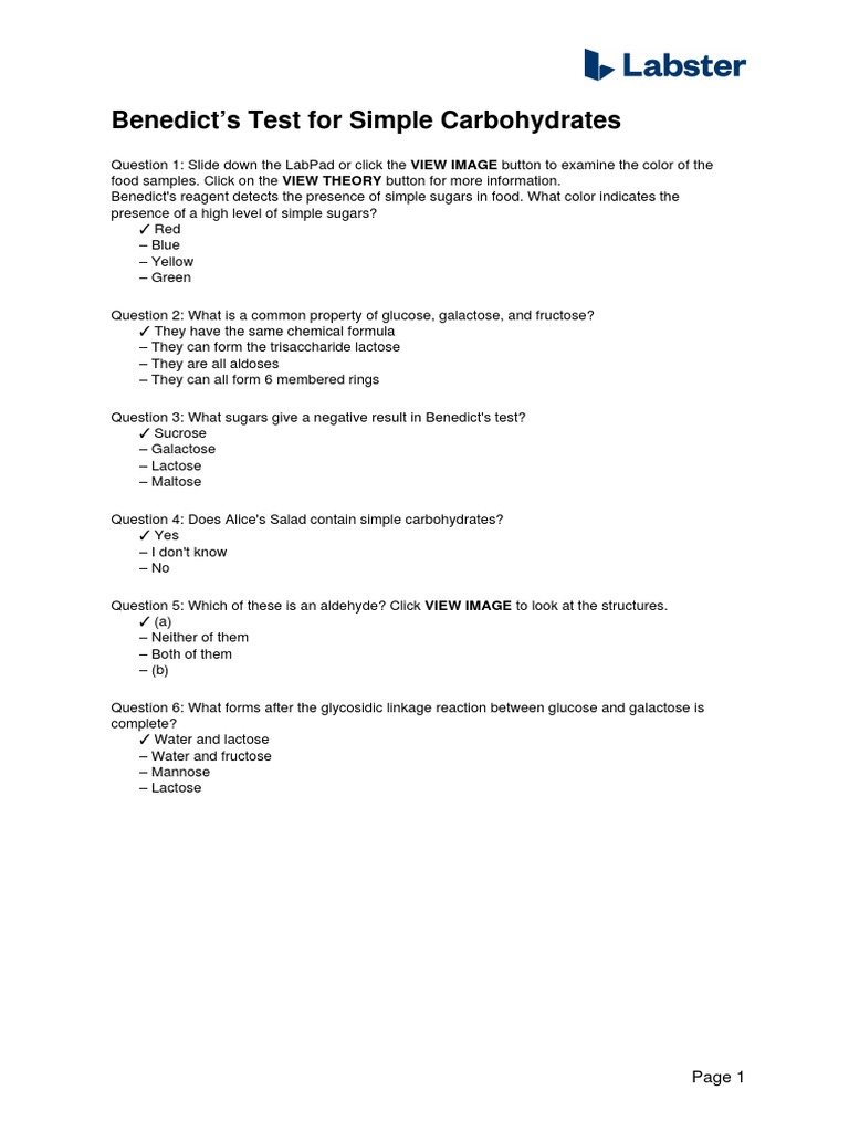 Questions Benedicts Test For Simple Carbohydrates | PDF | Wellness