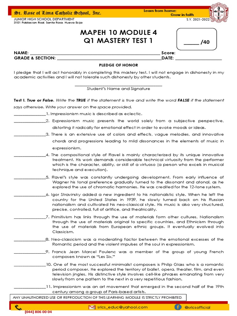St. Rose of Lima MAPEH Module 4 Mastery Test 1 | PDF | Paul Cézanne ...
