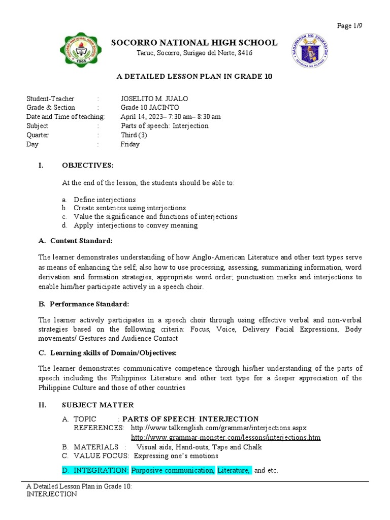 Detailed Lesson Plan About Interjection | PDF | Lesson Plan | Learning