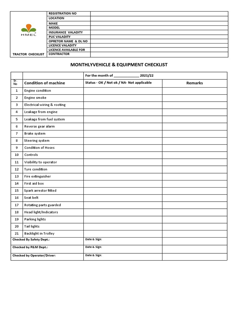 Tractor Checklist Monthly | PDF