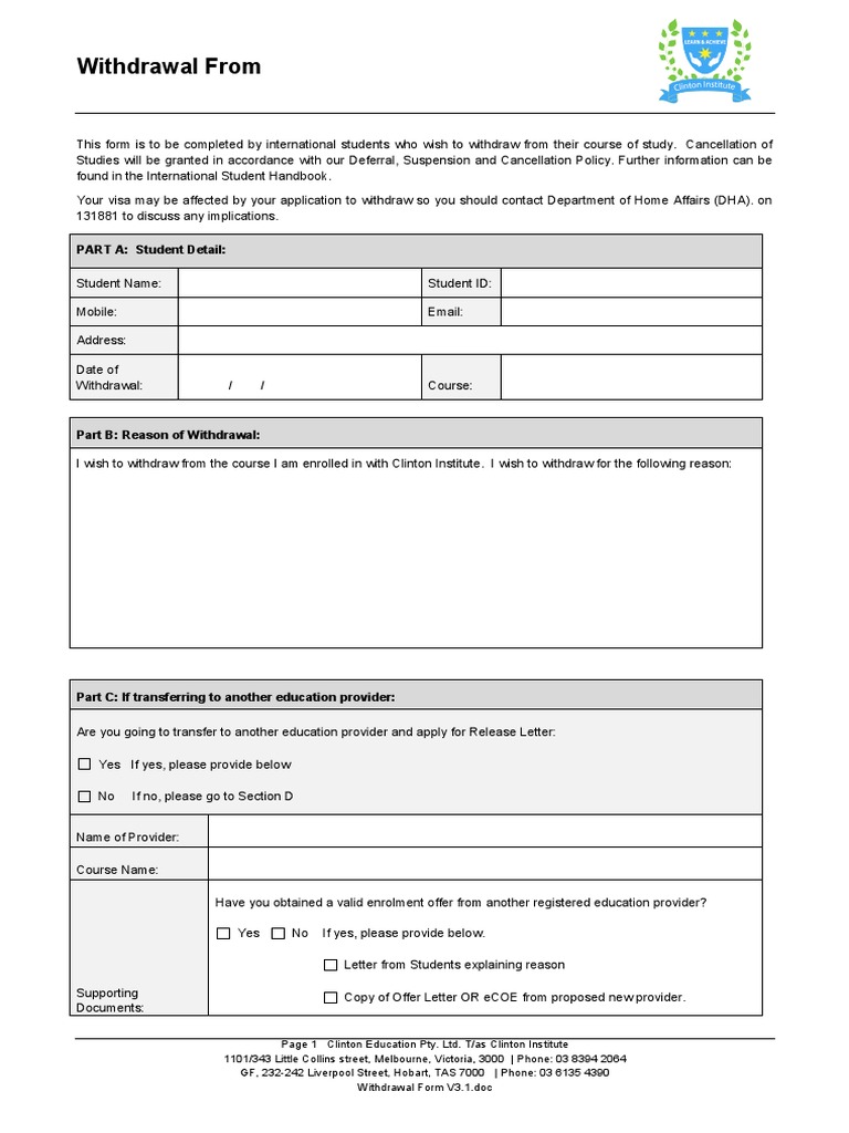 International Student Withdrawal Form | PDF | Government