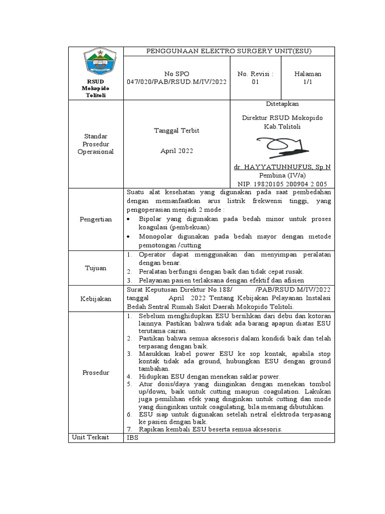 20 Spo Penggunaan Electro Surgery Unit (Esu) | PDF