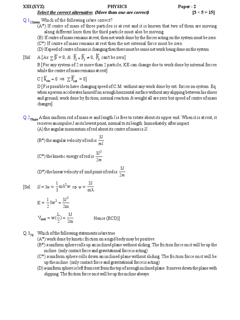 PHYSICS - (Paper - 2) (13th) | PDF | Force | Center Of Mass