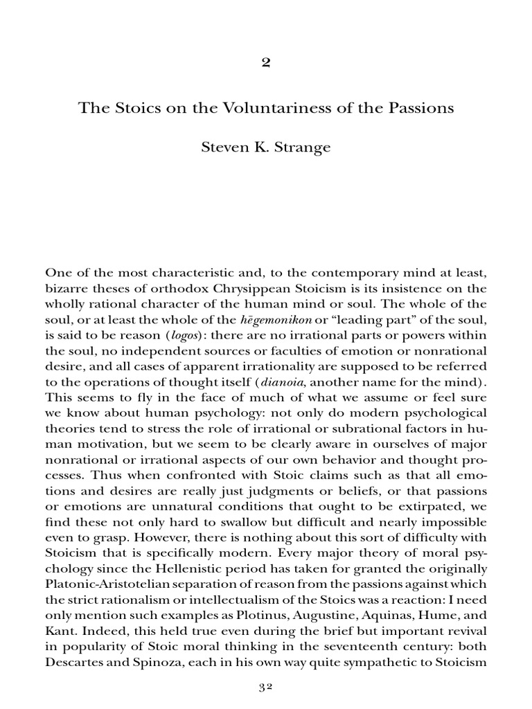 SR 8.1 Steven K. Strange, "The Stoics On The Voluntariness of The Passions," in Stoicism ...