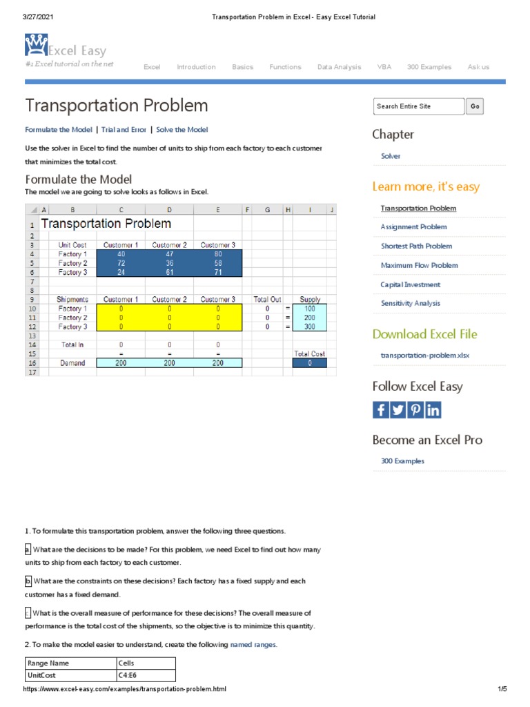 Chapter 14-2 - Applications of Linear Optimization - Transportation Problem | PDF | Microsoft ...