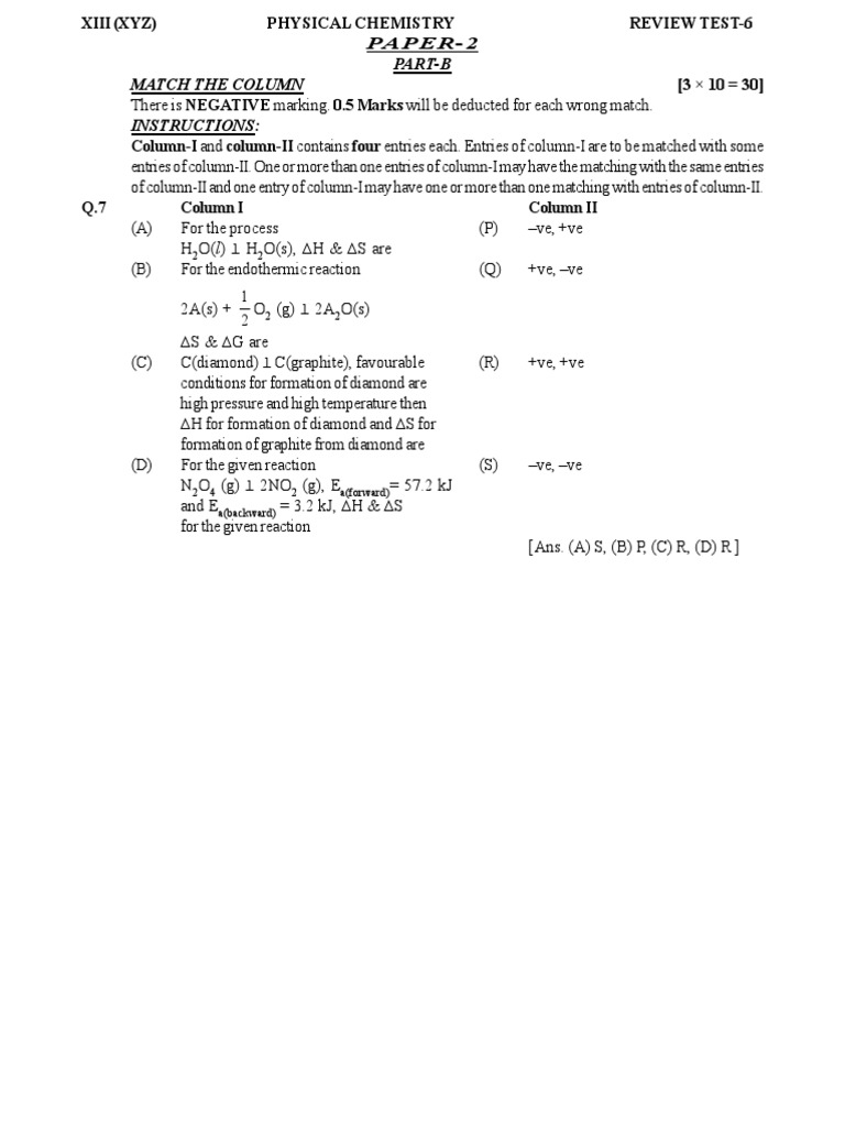 PHYSICAL CHEMISTRY - (13th) TEST-6 | PDF | Ph | Chemical Equilibrium