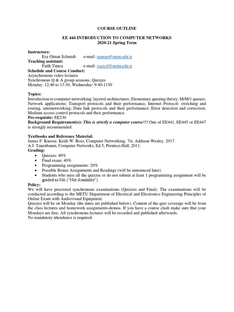 EE444 Syllabus and Schedule | PDF | Computer Network | Communication