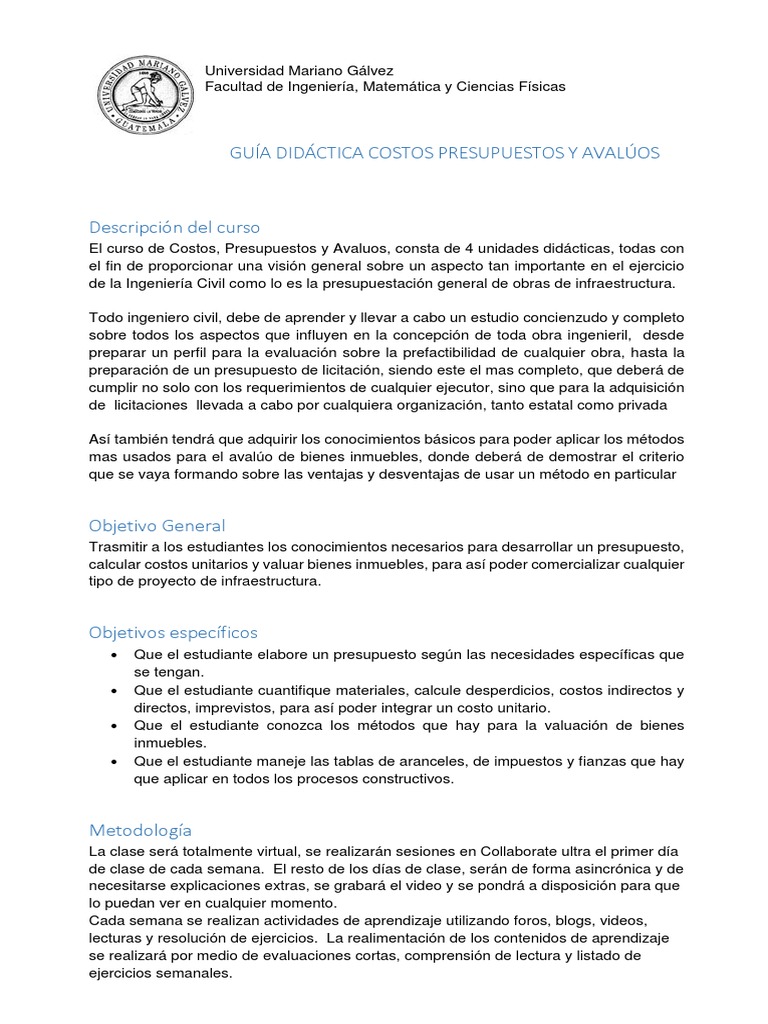 Guía Didáctica Costos Presupuestos y Avalúos | Descargar gratis PDF | Presupuesto | Valoración ...