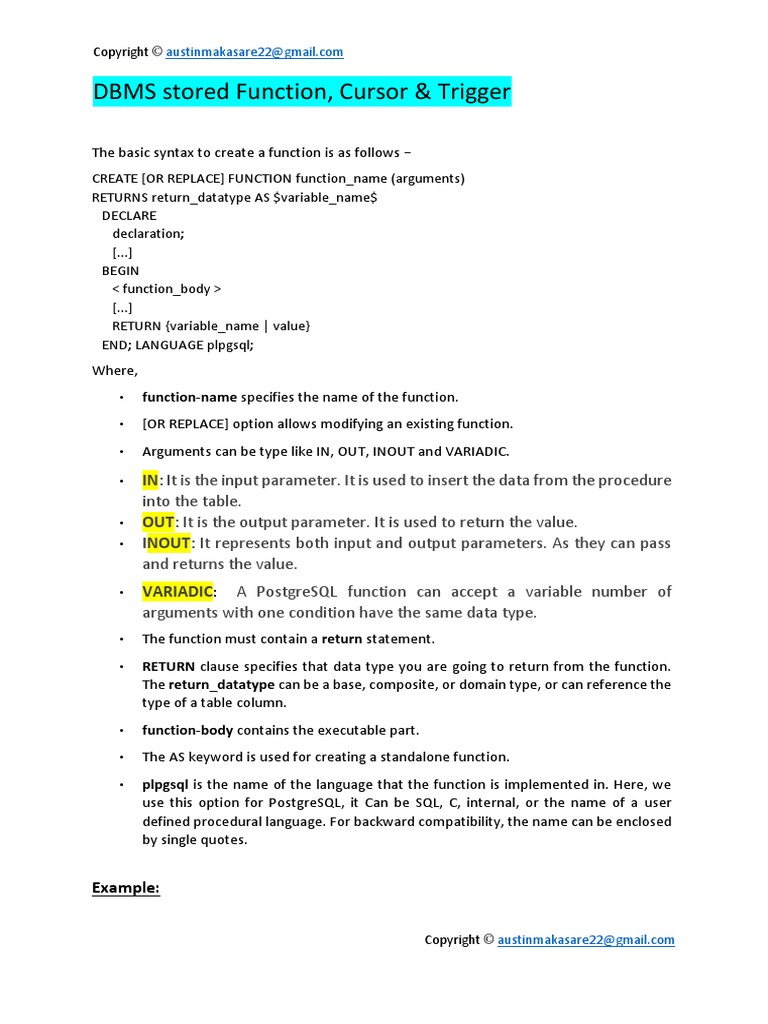 Dbms Stored Function Cursor And Trigger Pdf Parameter Computer Programming Postgre Sql 1211