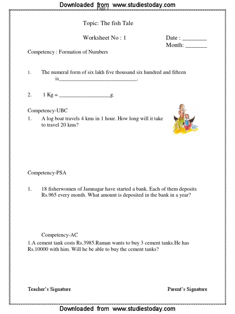 CBSE Class 5 Maths Worksheet-The Fish Tale | PDF