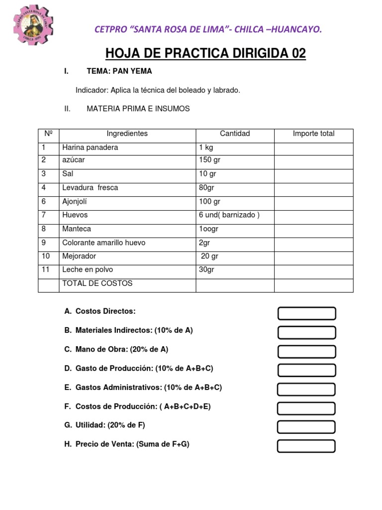 Hoja de Practica Pan de Yema 02 | PDF