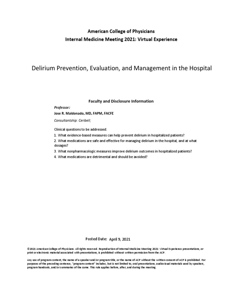 HANDOUT MTP046 Delirium Prevention | PDF | Medicine | Psychiatry