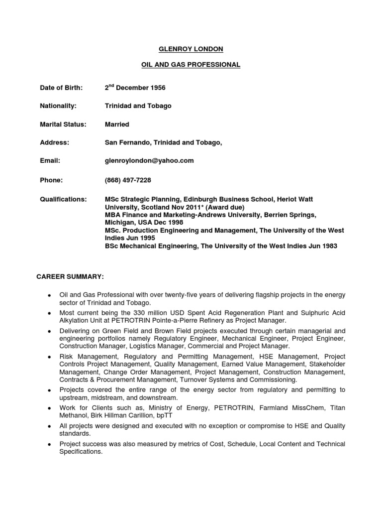 Strategic Project Manager Global in Trinidad Tobago Resume Glenroy ...