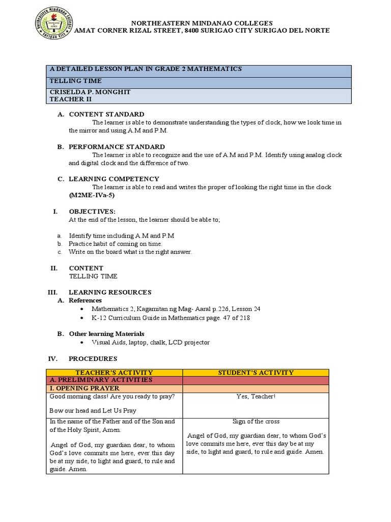 A Detailed Lesson Plan in Grade 2 Mathematics 1 | PDF | Clock | Learning