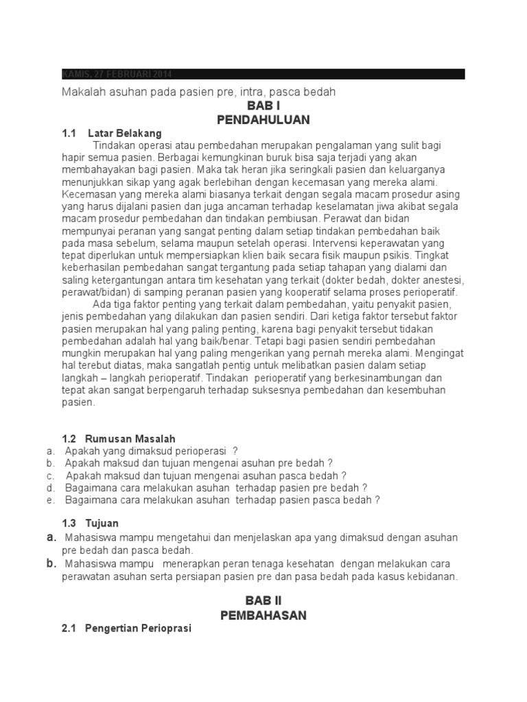 Makalah Asuhan Pre Intra, Pasca Bedah | PDF