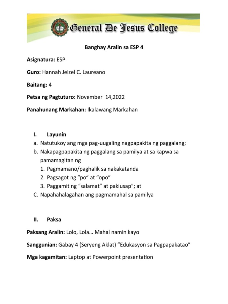 Banghay Aralin Sa ESP 4 | PDF