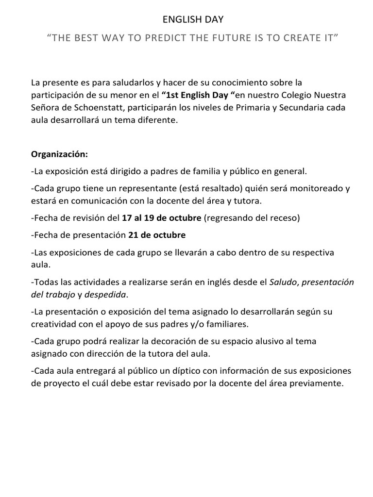 1st English Day en Colegio Schoenstatt | PDF | Estudios de idiomas ...