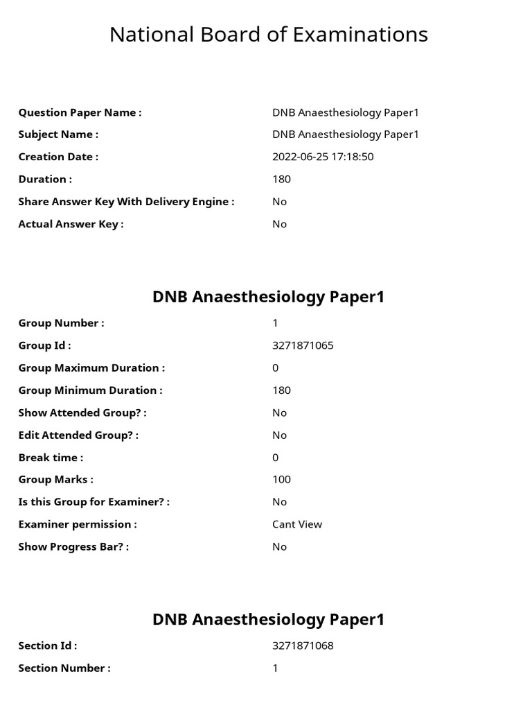 National Board of Examinations: DNB Anaesthesiology Paper1 | PDF ...