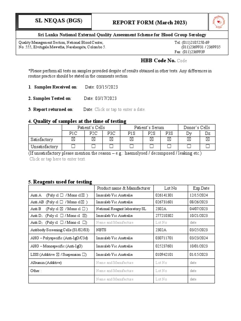 SL Neqas (BGS) : REPORT FORM (March 2023) | PDF | Blood Type | Blood