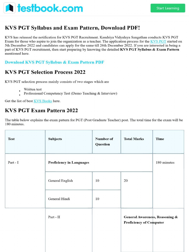 KVS PGT Syllabus and Exam Pattern, Download PDF! | PDF