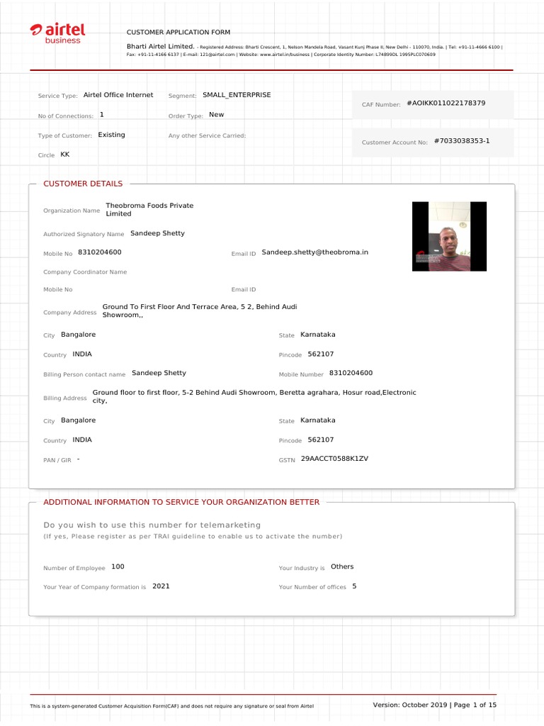 Customer Details: Customer Application Form Bharti Airtel Limited | PDF | Customer Premises ...