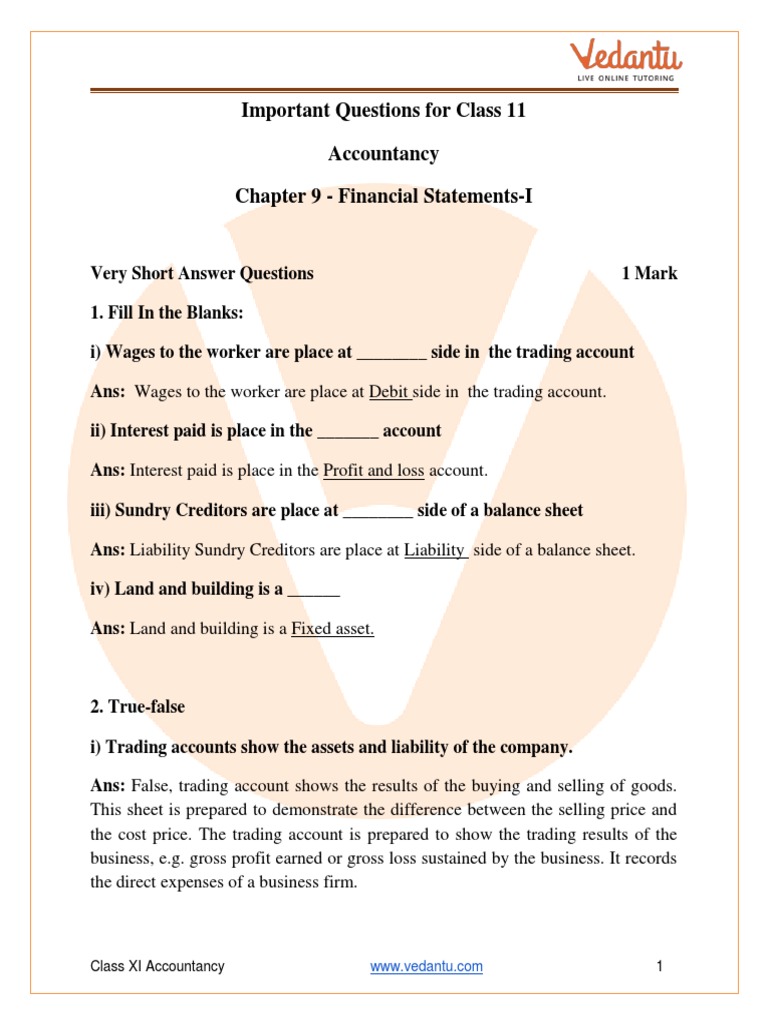 Important Questions For CBSE Class 11 Accountancy Chapter 9 - Financial ...