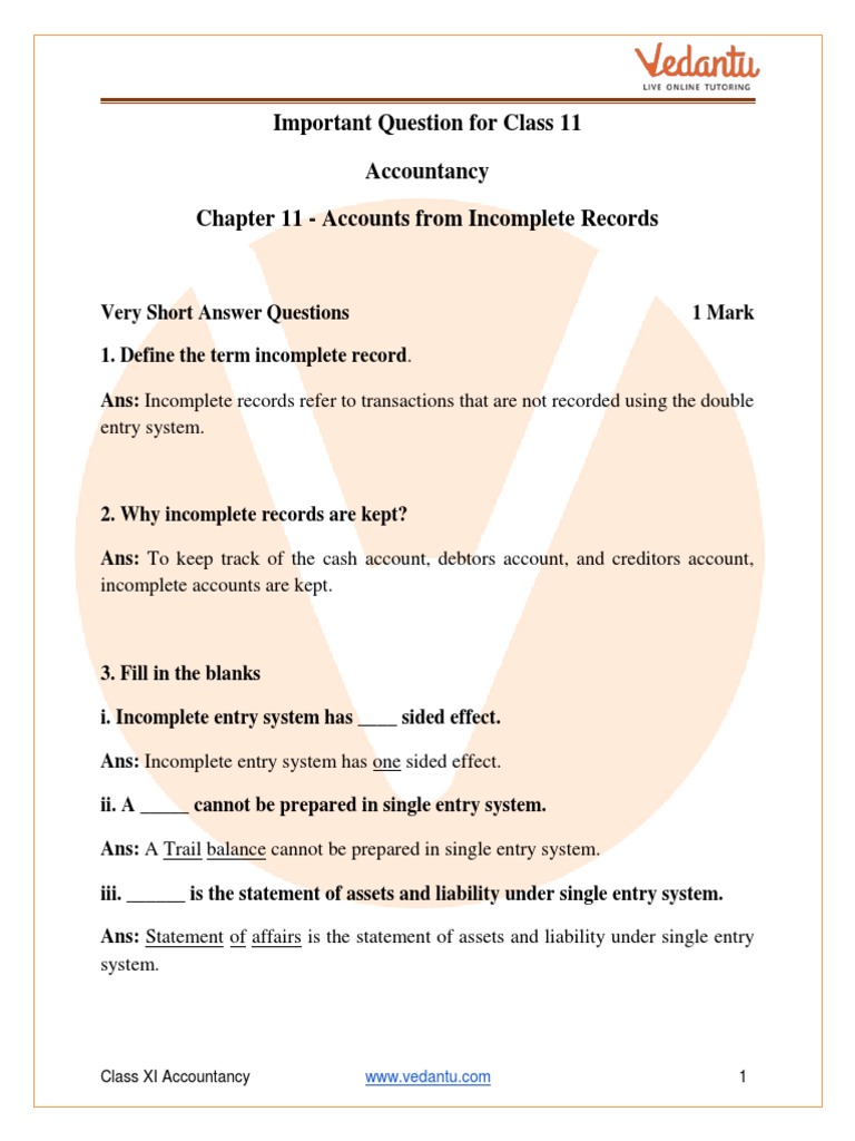 Important Question For Class 11 Accountancy Chapter 11 - Accounts From Incomplete Records | PDF ...