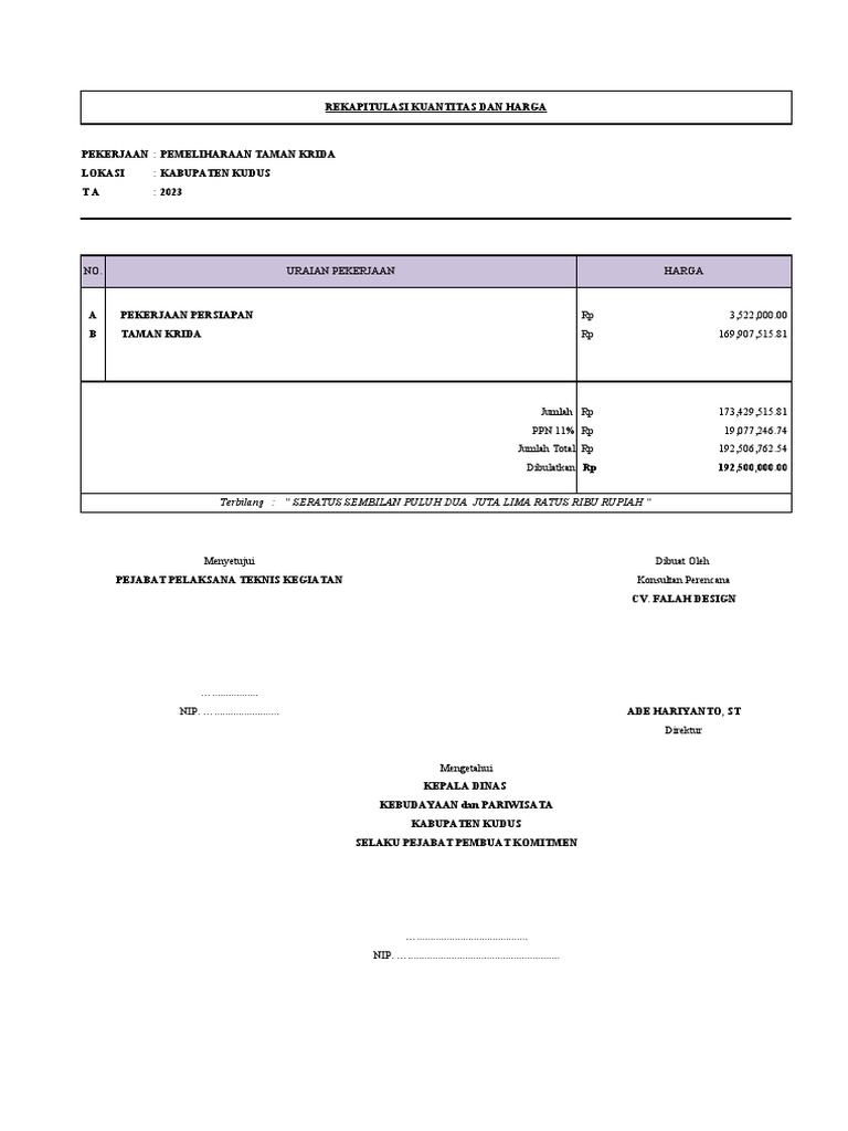Terbilang: " Seratus Sembilan Puluh Dua Juta Lima Ratus Ribu Rupiah " | PDF