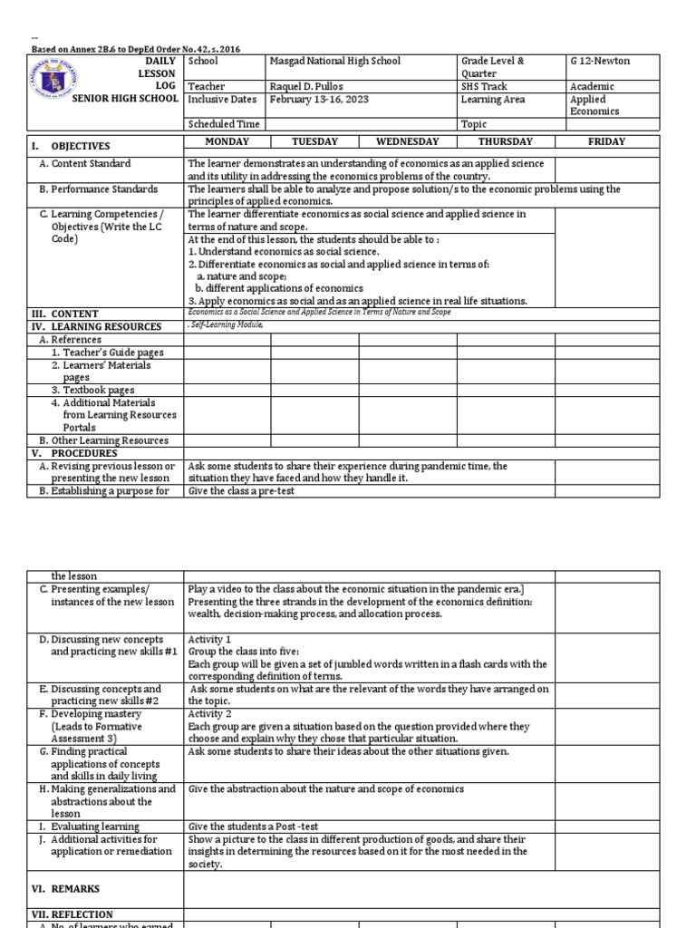 1 SHS Daily Lesson Log DLL Applied Econ | PDF | Learning | Science