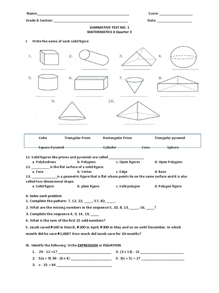 Math 6 Summative Test 1-q3 | PDF | Area | Elementary Mathematics