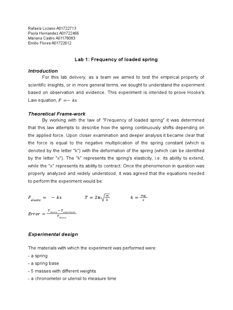 Lab 1 - Frequency of Loaded Spring | PDF | Experiment | Force