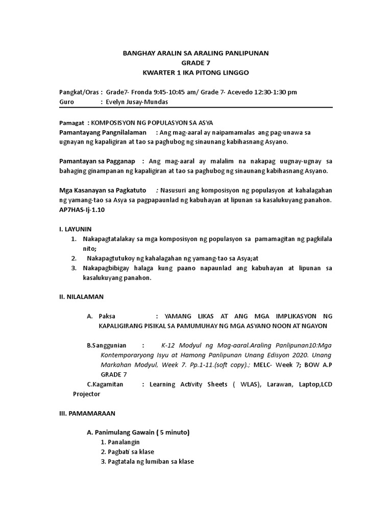 Lesson Plan Grade 7 Quarter 1 WK 7 | PDF