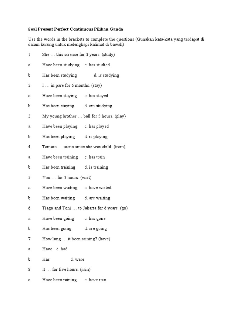Soal Present Perfect Continuous Pilihan Ganda | PDF