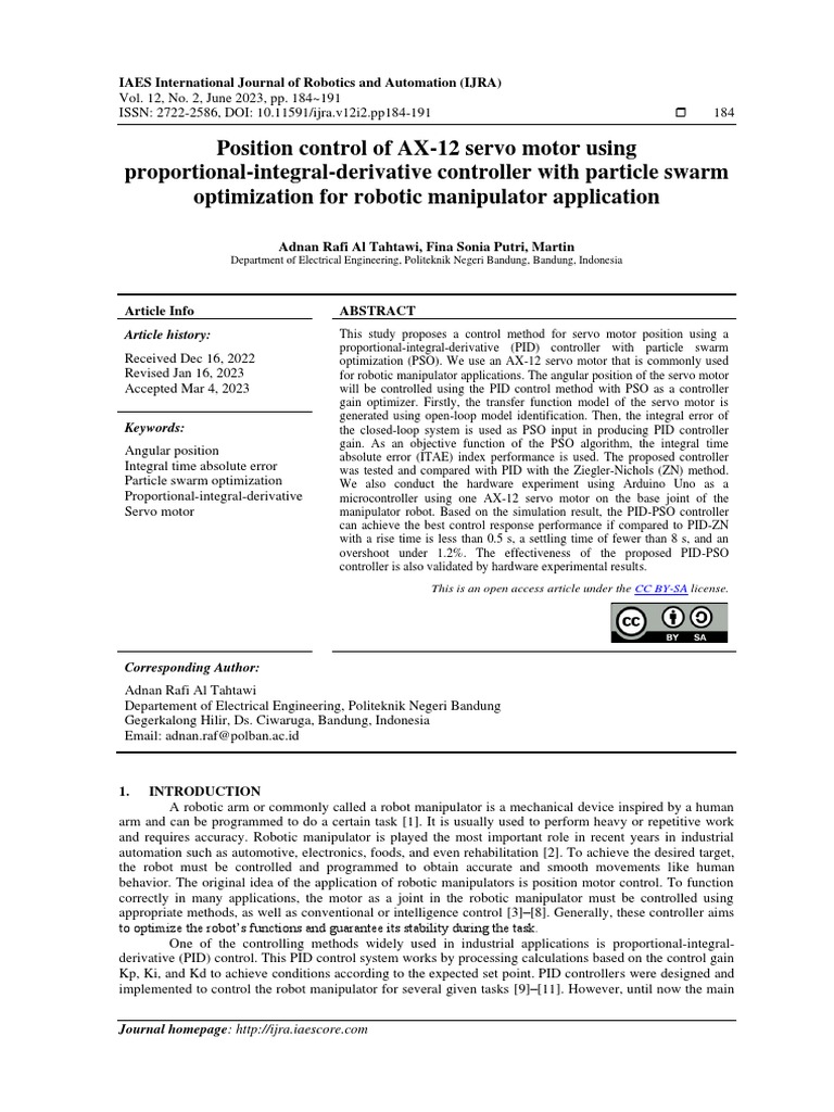 Position Control Of Ax 12 Servo Motor Using Proportional Integral Derivative Controller With