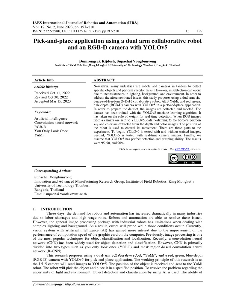 Pick-And-Place Application Using A Dual Arm Collaborative Robot and An ... Pick-And-Place Application Using A Dual Arm Collaborative Robot and An ...
