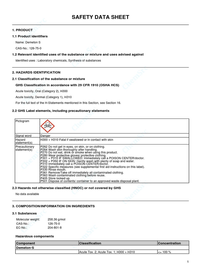 Safety Data Sheet for Demeton S | PDF | Toxicity | Personal Protective Equipment