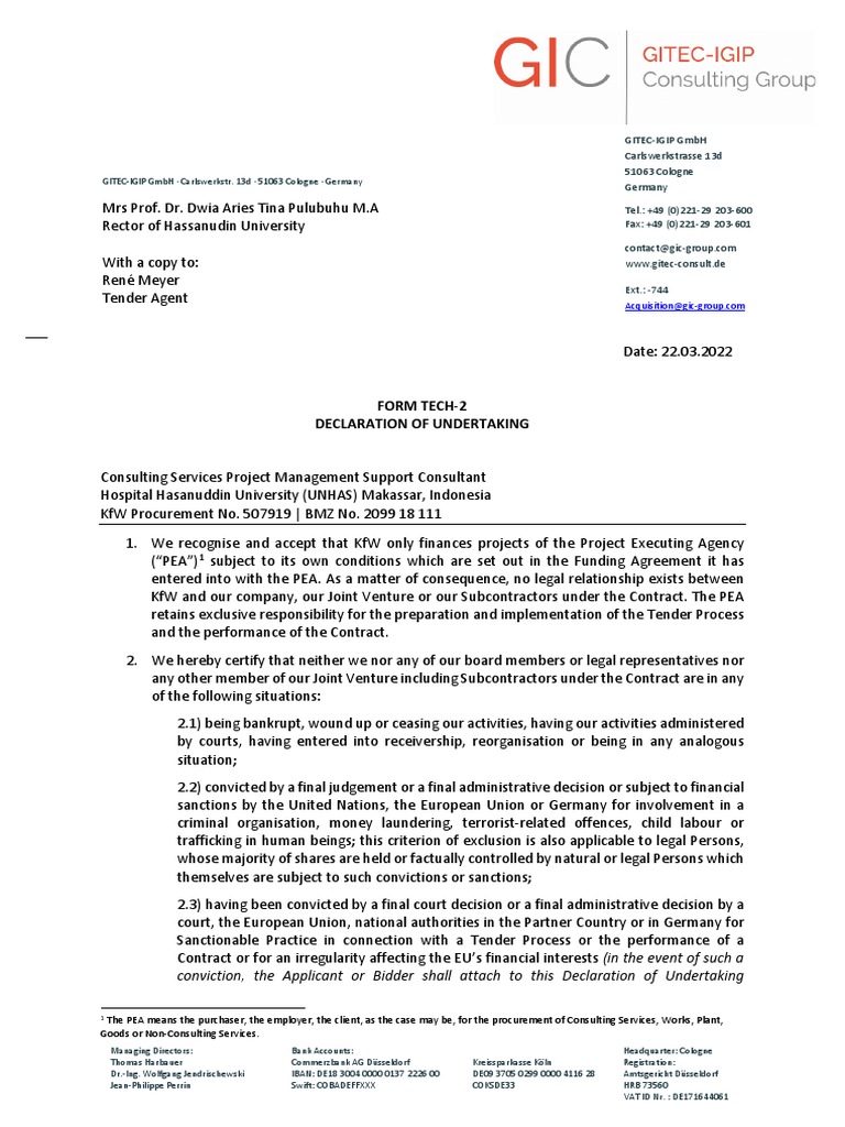 Letter of Undertaking for Consulting Services Project Management Support Consultant for Hospital ...